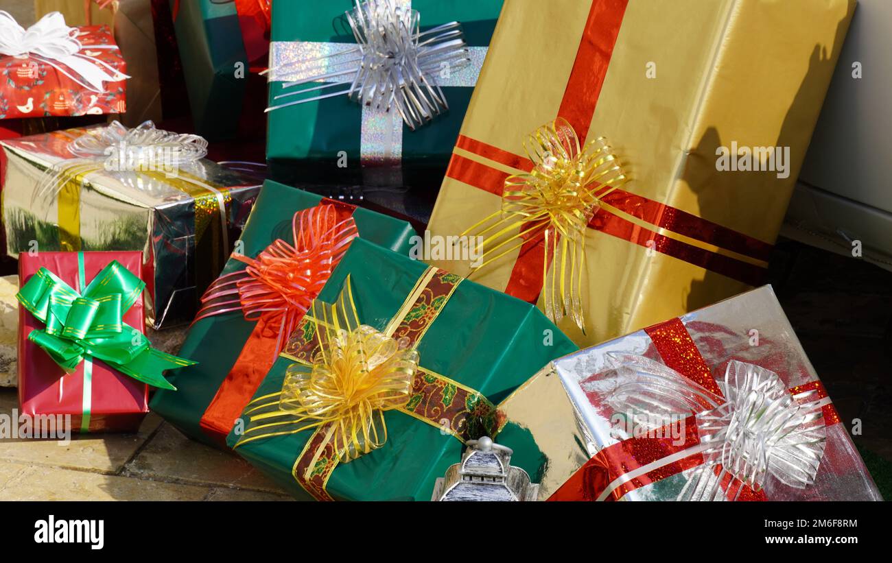 Gift Boxes of different shapes and colors. New Year's concept Stock ...
