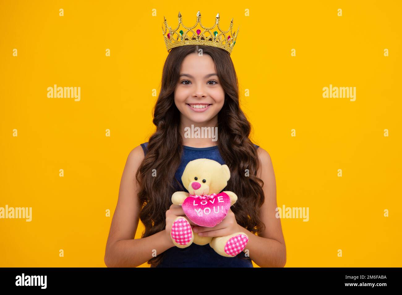 Birthday kids prom party. Little queen wearing golden crown. Teenage ...