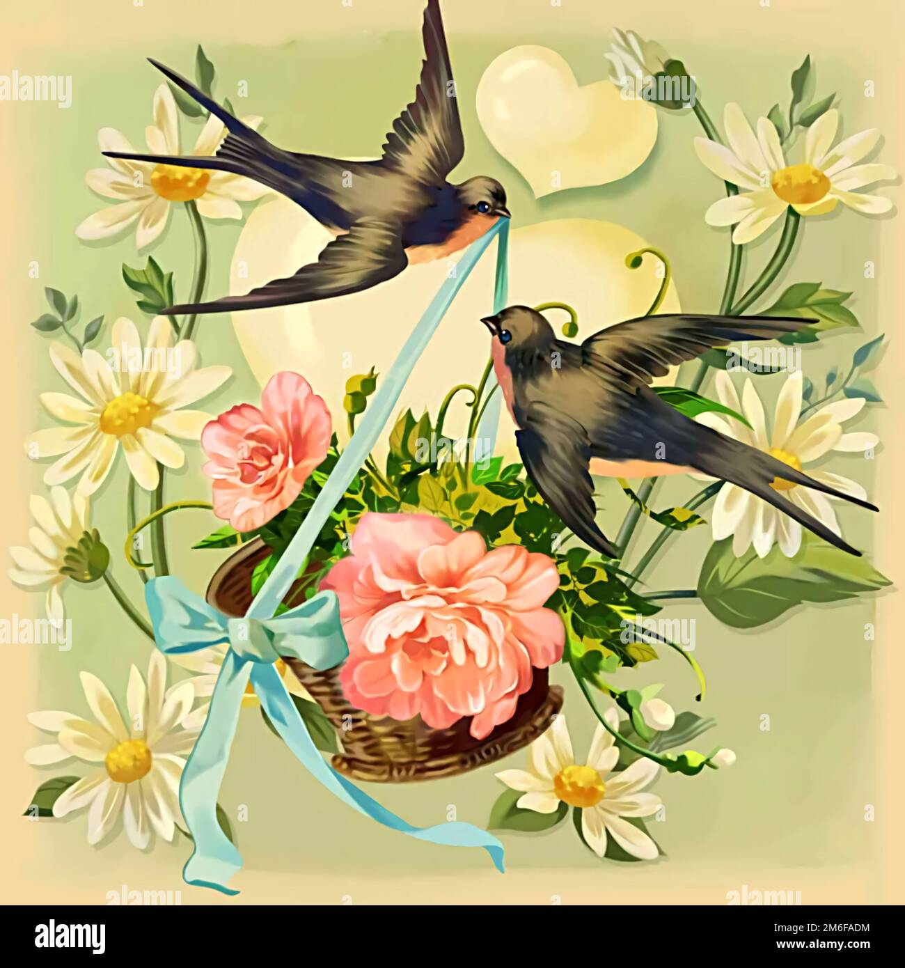 illustration of two swallows and flowers Stock Photo - Alamy
