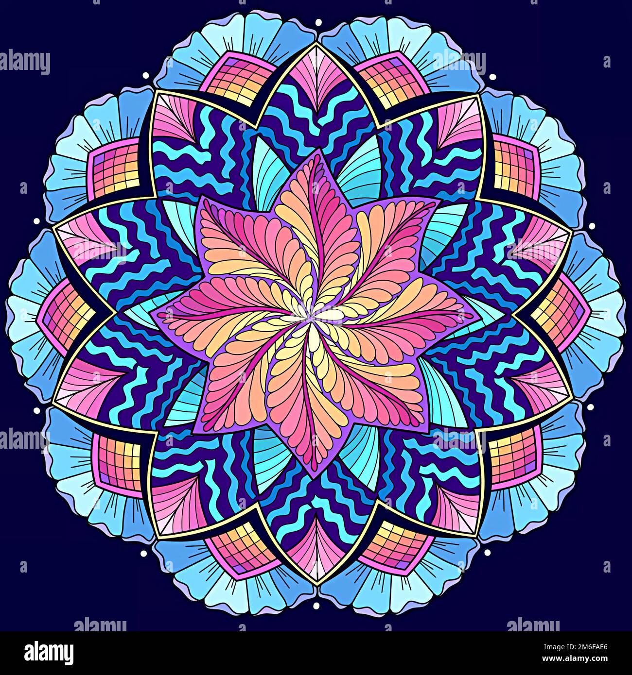 Mandala with flower shapes with a mix of colors, purple, yellow, red ...