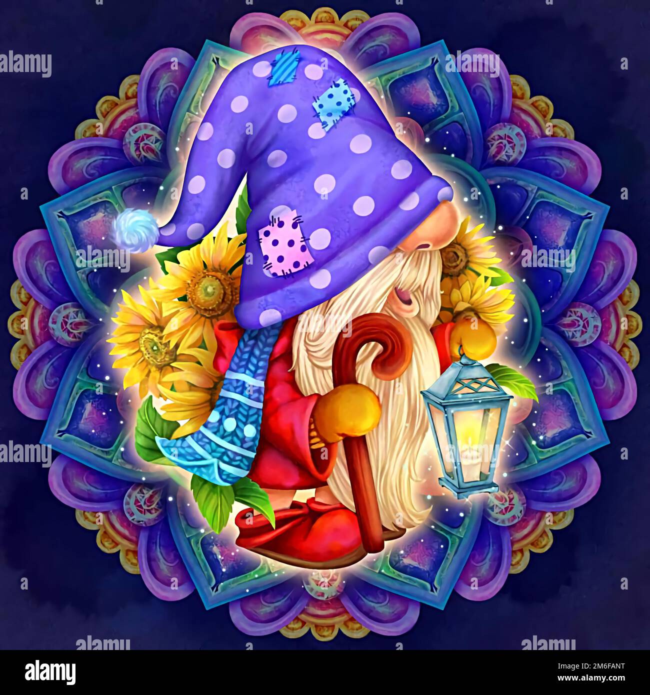 illustration of a gnome carrying a sunflower with a mandala background ...