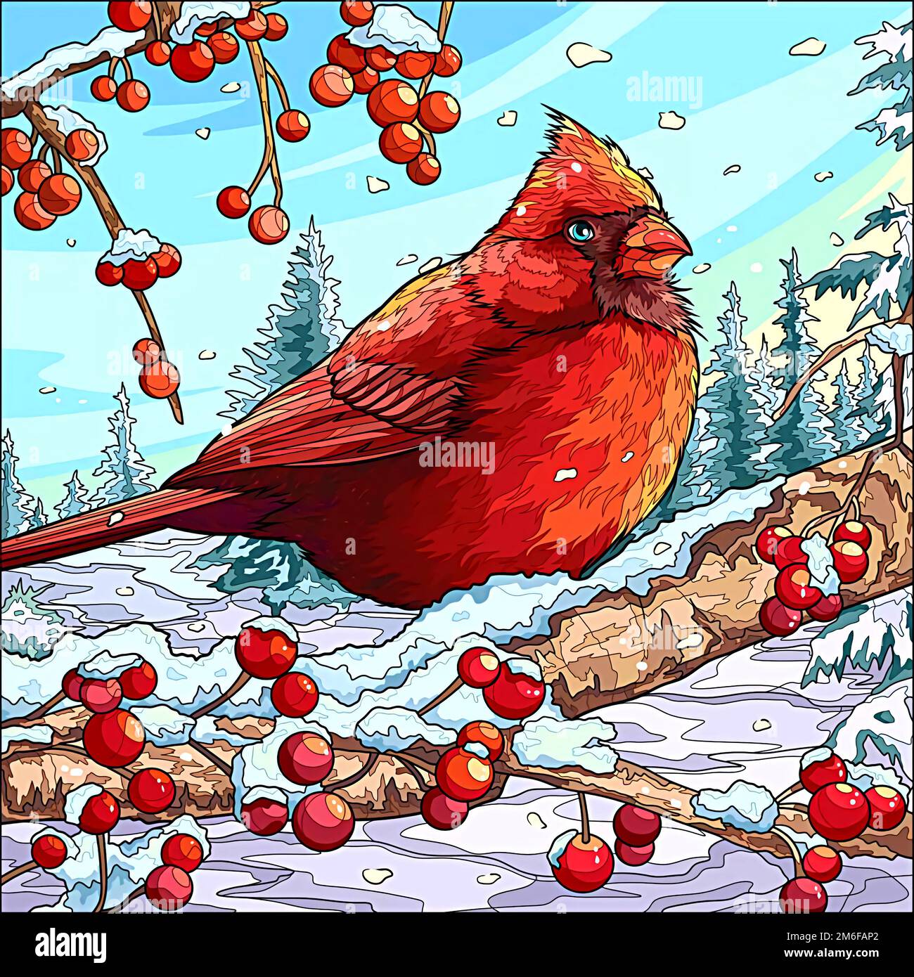 illustration of a bird on a snowy branch, cardinal Stock Photo - Alamy