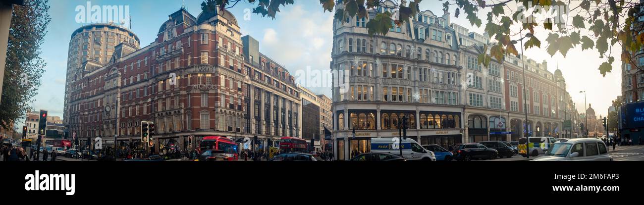 London- December 2022: Panoramic view of Harvey Nichols and shops in ...