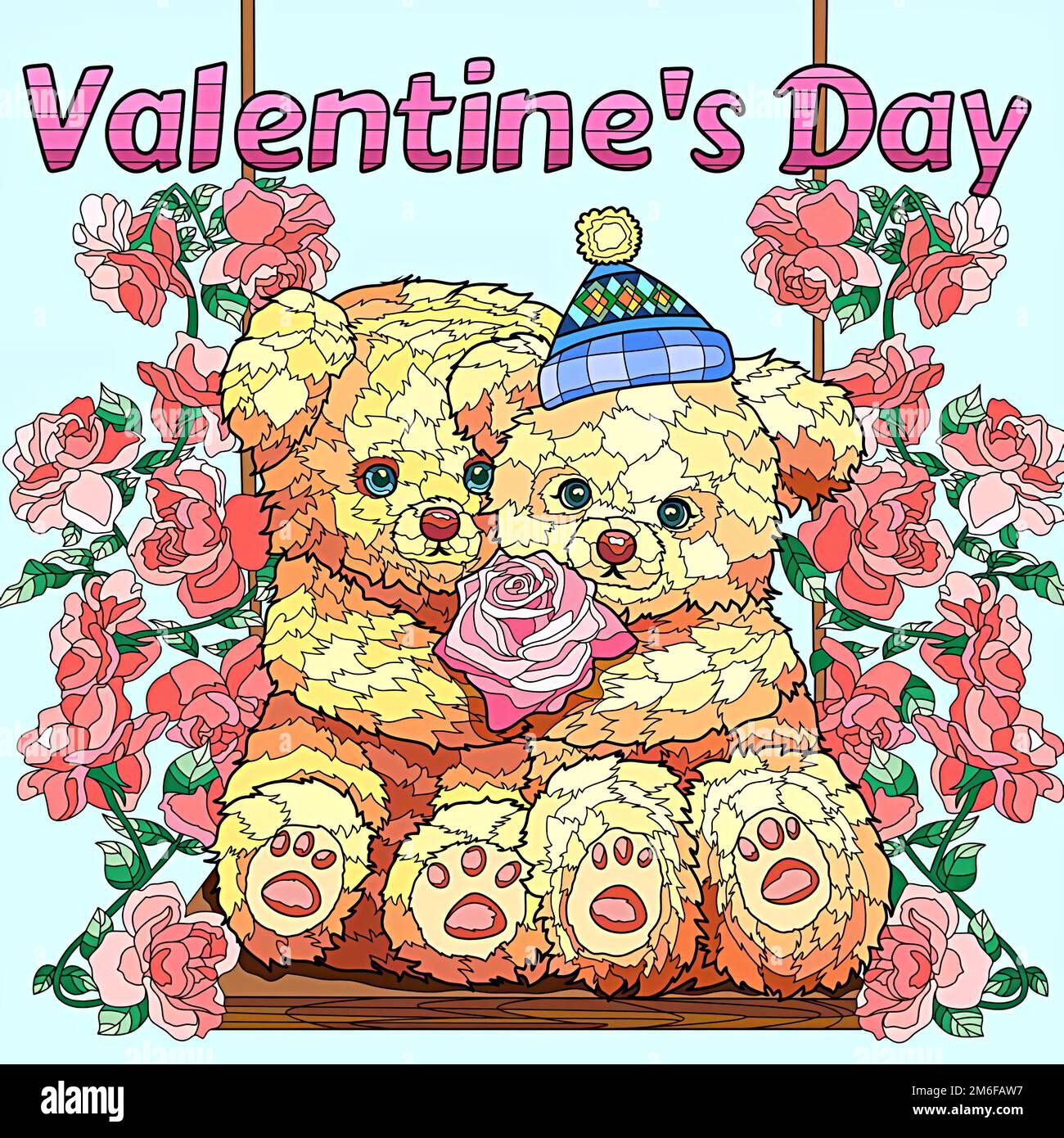 Valentine's day, illustration of a pair of teddy bears and pink flowers ...