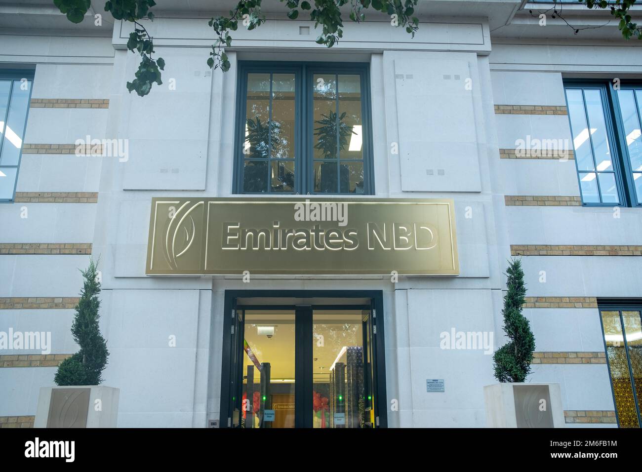 London- December 2022: Emirates NBD bank in Knightsbridge. A large ...
