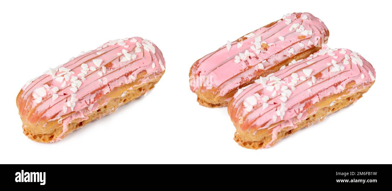 Traditional french eclairs with pink chocolate on white Stock Photo - Alamy