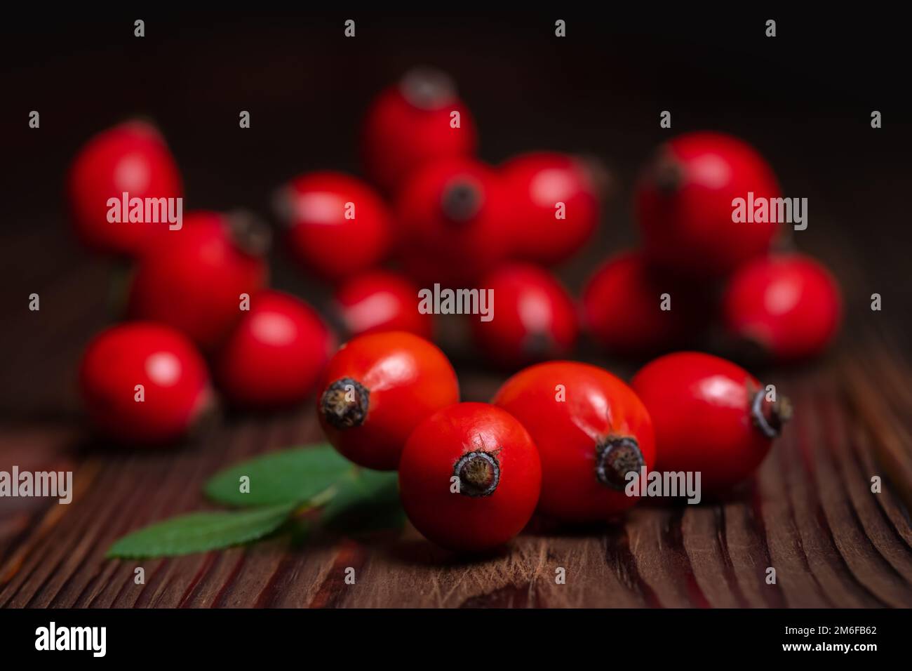 ripe red dogrose on a wooden background Stock Photo - Alamy