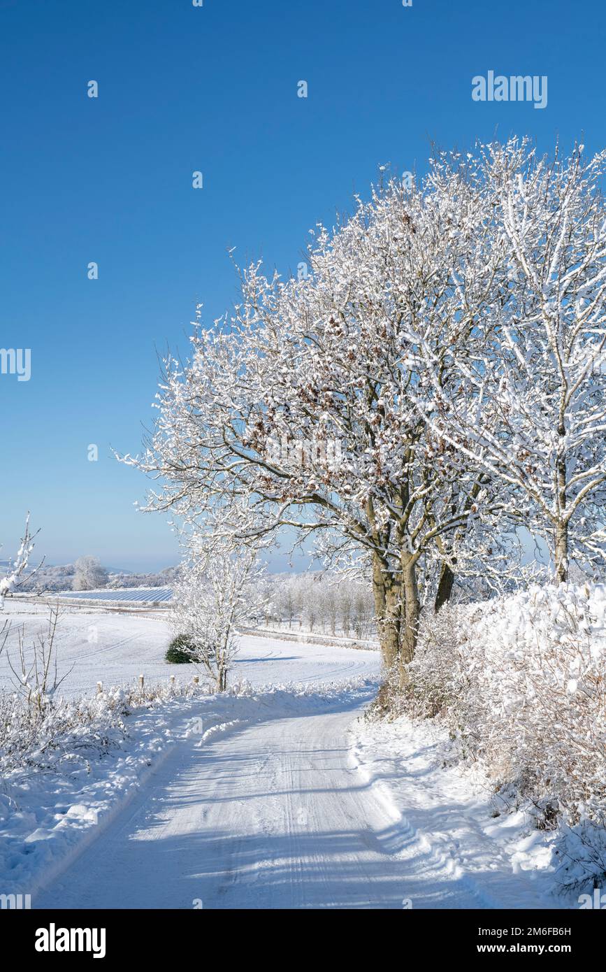 Snow covered country road in the december snow. Snowshill, Cotswolds ...