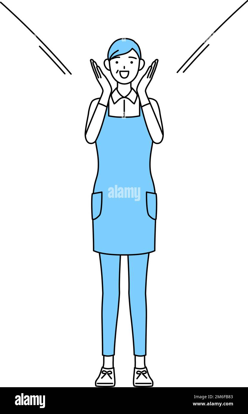 A senior woman in an apron calling out with his hand over his mouth ...