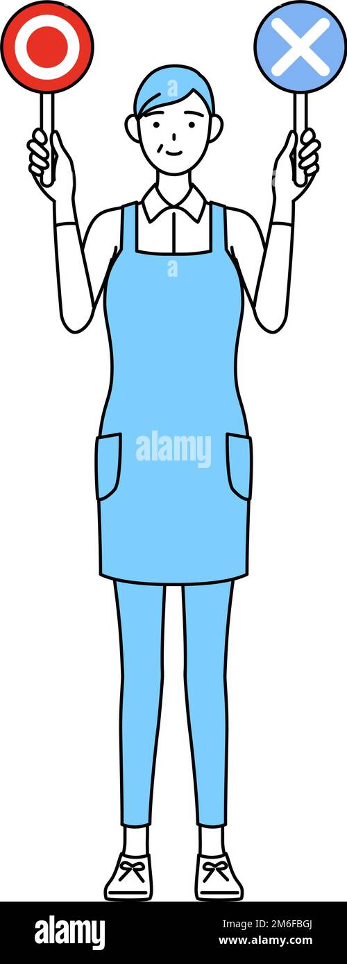 A senior woman in an apron holding a stick indicating correct and ...