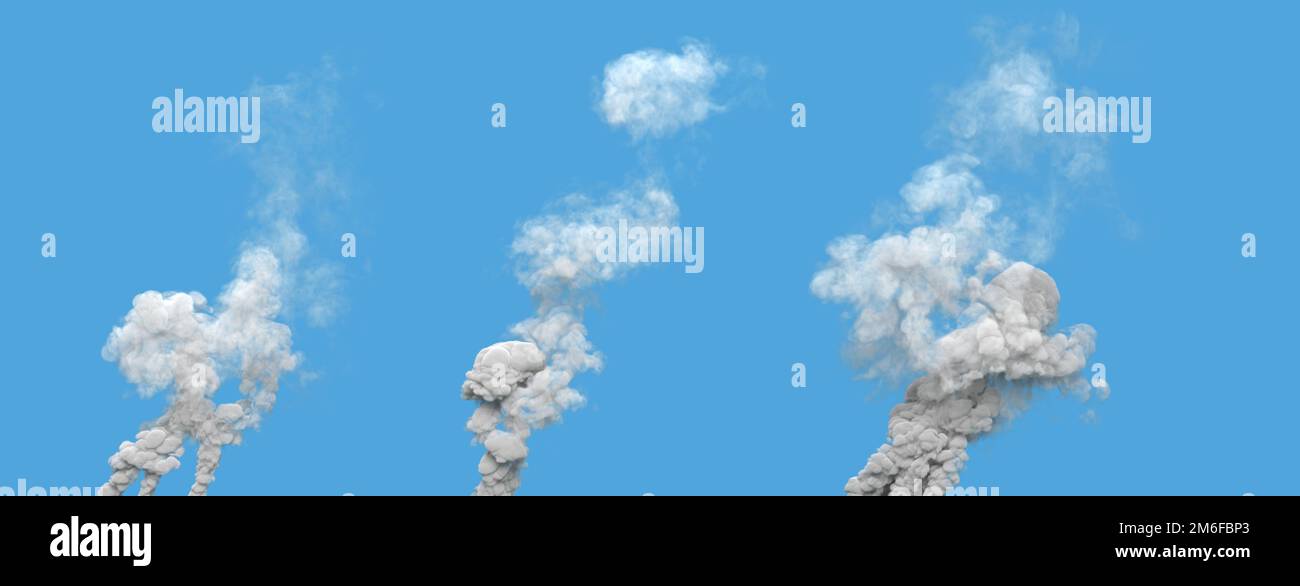 3 grey carbon smoke columns from urban fire on blue, isolated ...