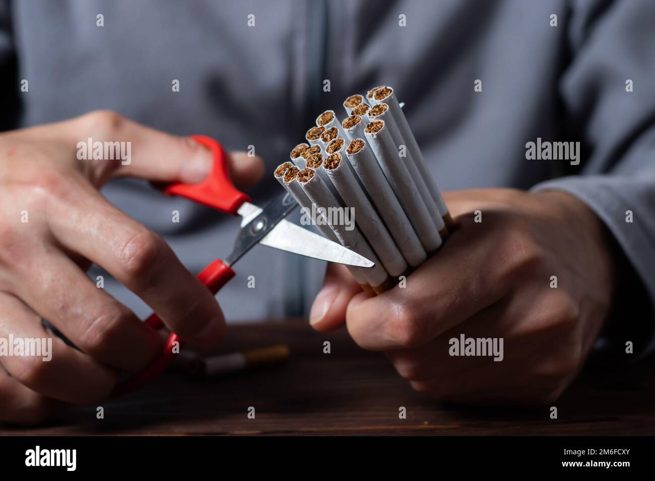 Stop smoking concept - close up of scissors cutting many cigarettes ...