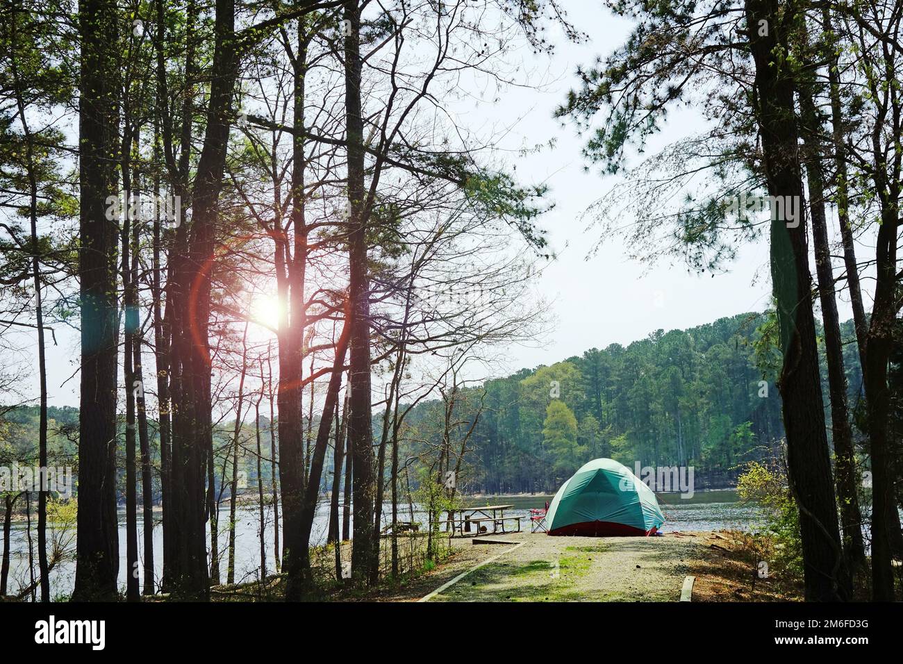 A tent at a waterfront campsite of Jordan Lake State Park at Poplar ...