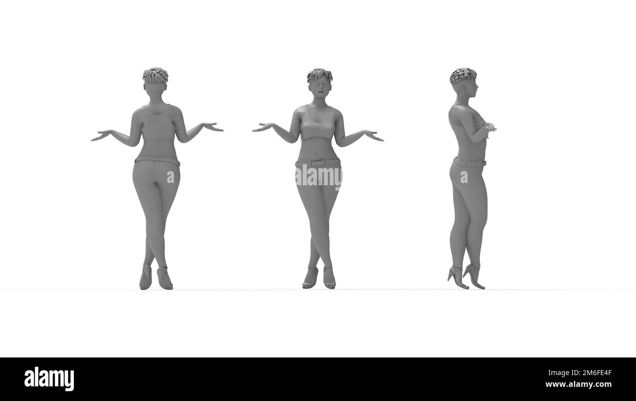 3D rendering of woman asking, suprised, gesture emotion. Wondering, why ...