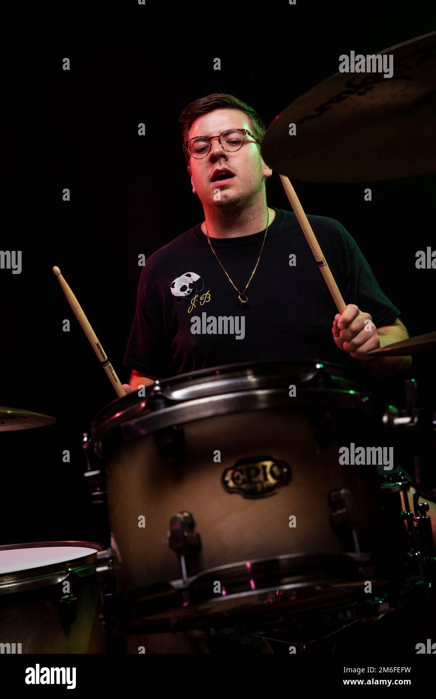 Idles drummer Jon Beavis photographed at Factory Studios, Bristol Stock ...