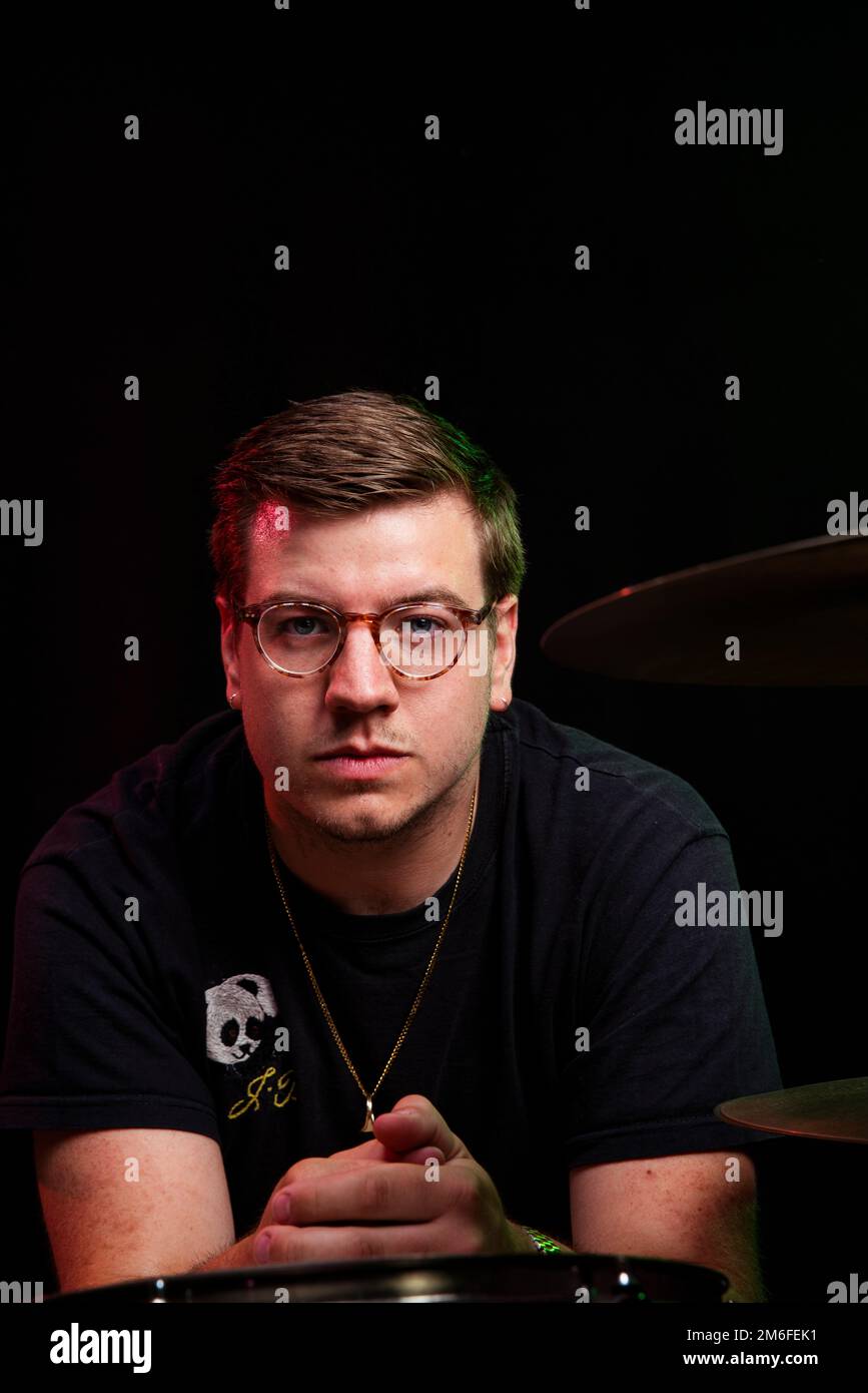 Idles drummer Jon Beavis photographed at Factory Studios, Bristol Stock ...