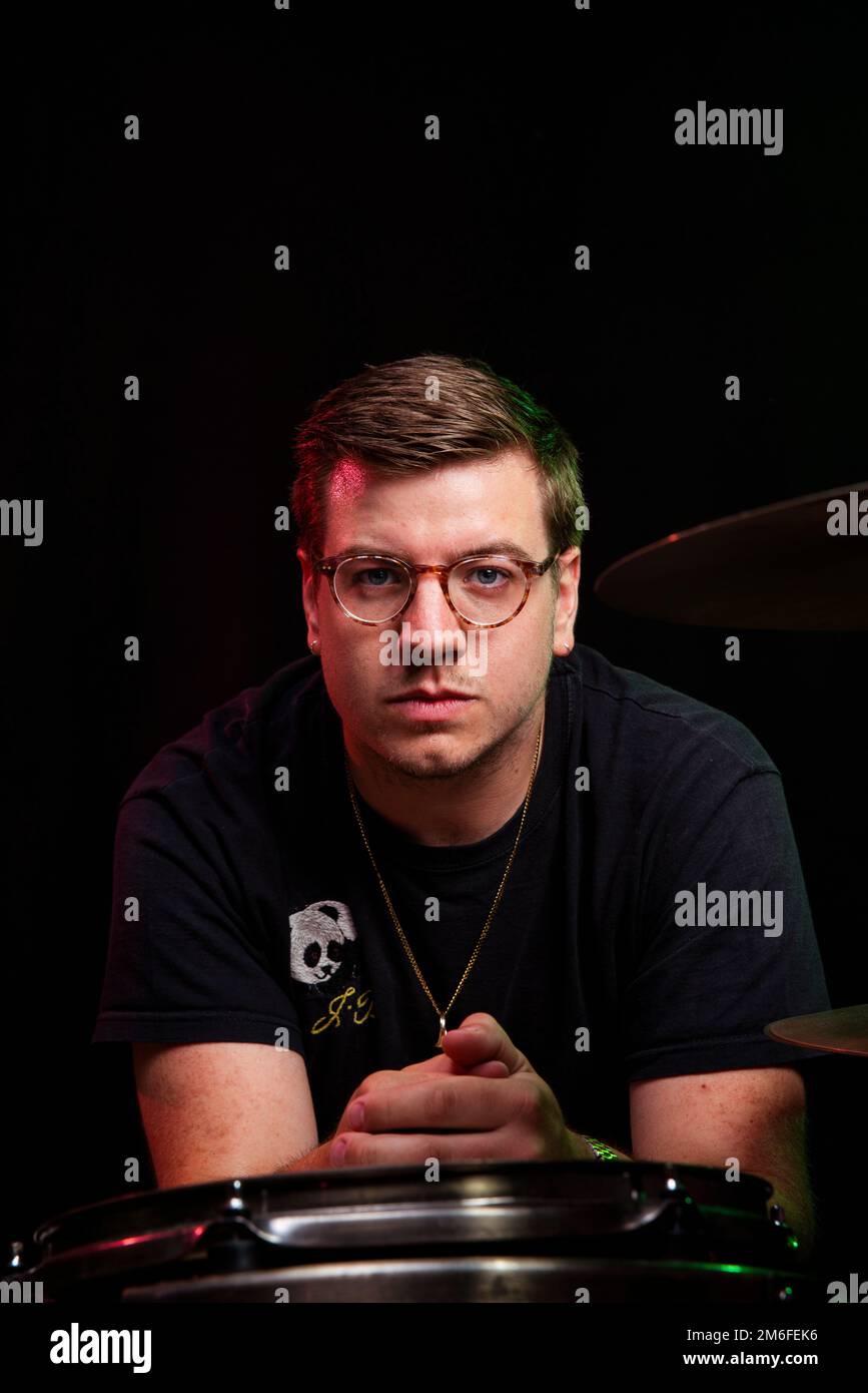 Idles drummer Jon Beavis photographed at Factory Studios, Bristol Stock ...