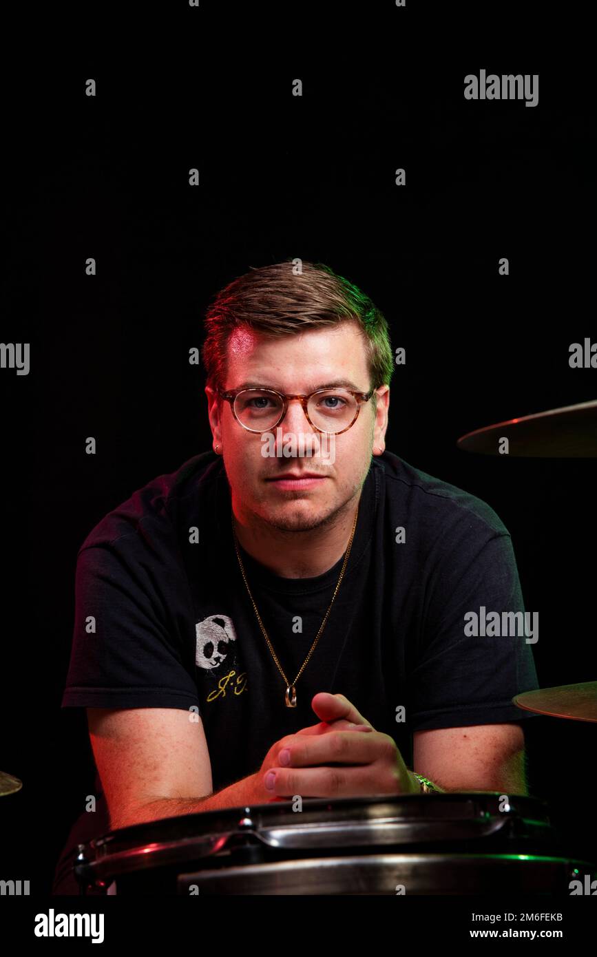 Idles drummer Jon Beavis photographed at Factory Studios, Bristol Stock ...