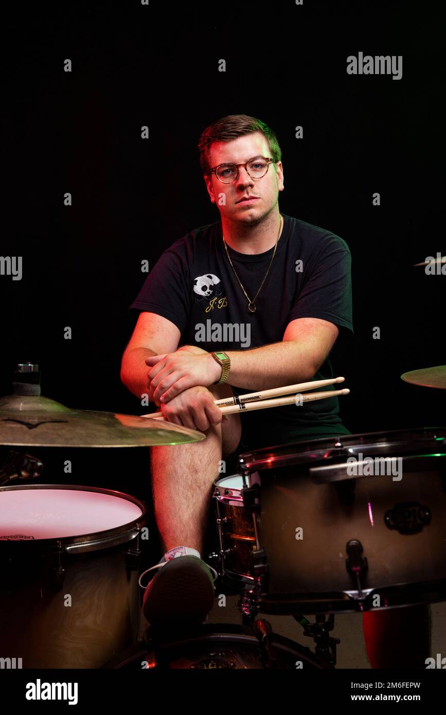 Idles drummer Jon Beavis photographed at Factory Studios, Bristol Stock ...