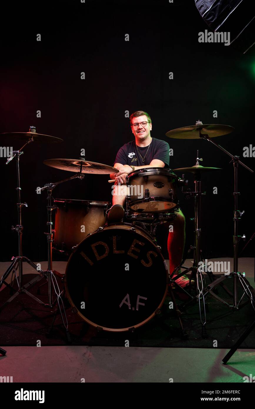 Idles drummer Jon Beavis photographed at Factory Studios, Bristol Stock ...