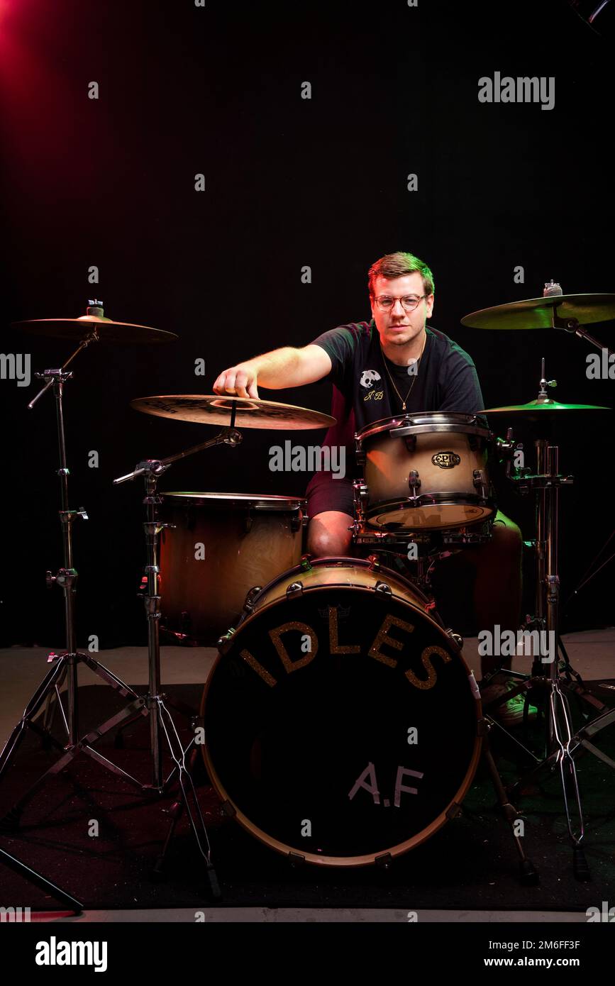Idles drummer Jon Beavis photographed at Factory Studios, Bristol Stock ...