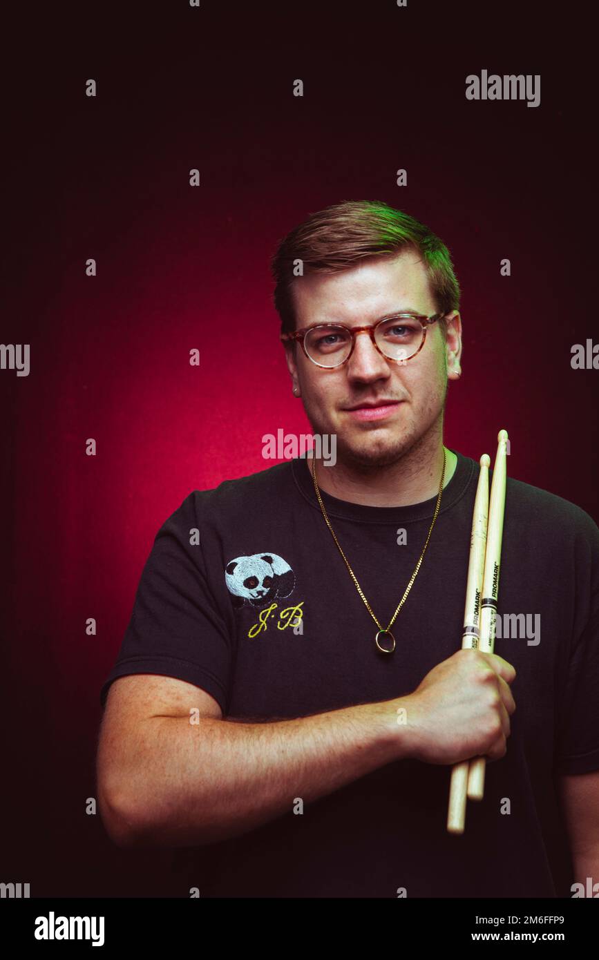Idles drummer Jon Beavis photographed at Factory Studios, Bristol Stock ...