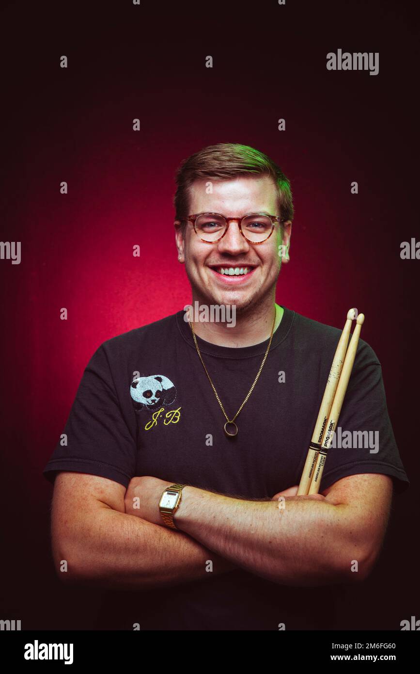 Idles drummer Jon Beavis photographed at Factory Studios, Bristol Stock ...
