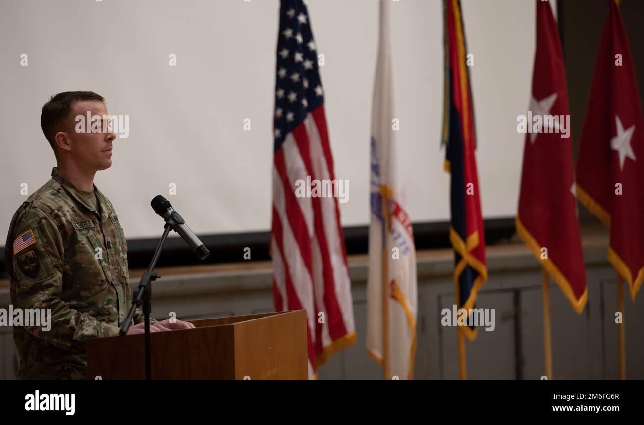 U.S. Army Reserve Capt. Ryan D. Satherlie gives the opening speech ...