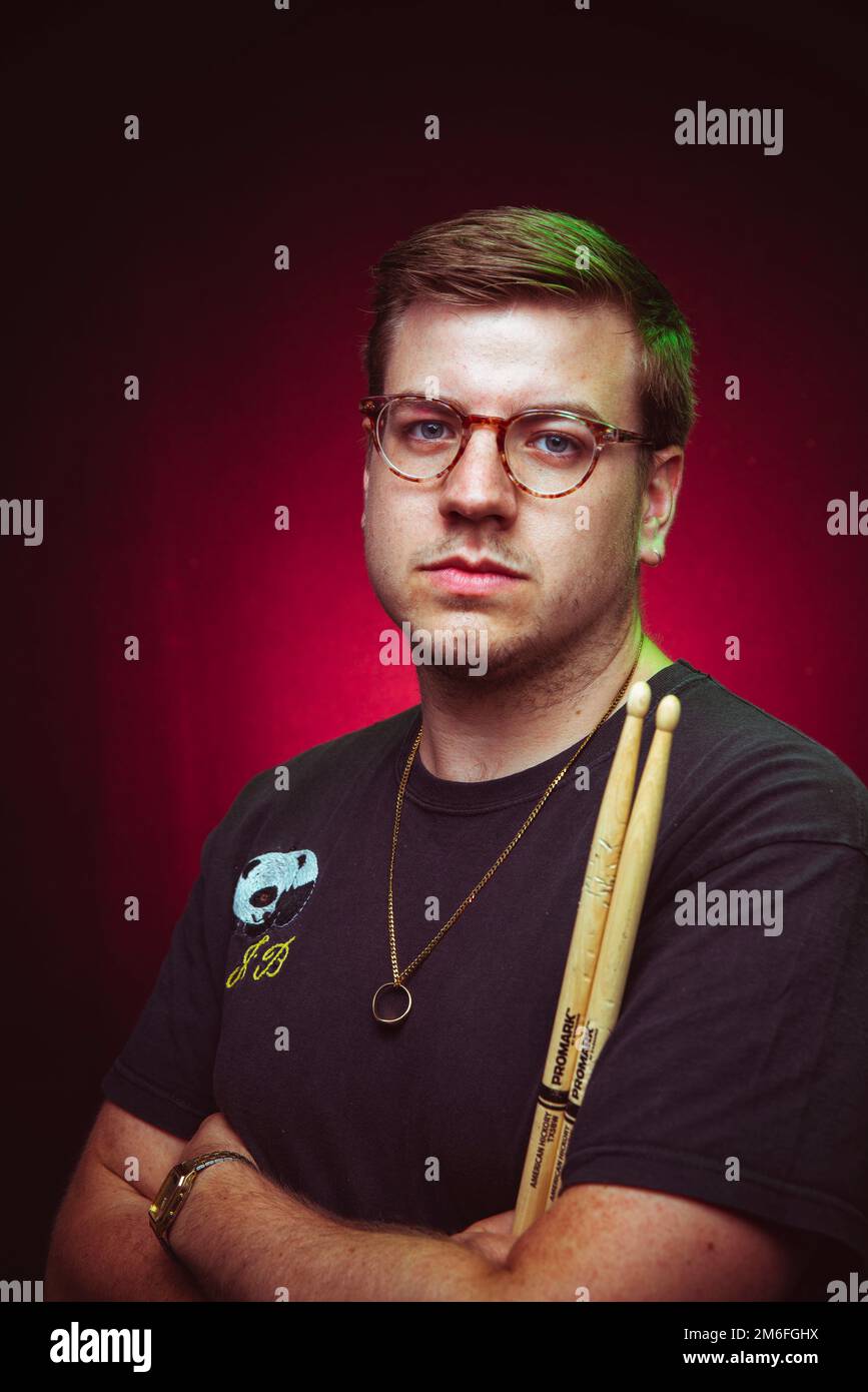 Idles drummer Jon Beavis photographed at Factory Studios, Bristol Stock ...