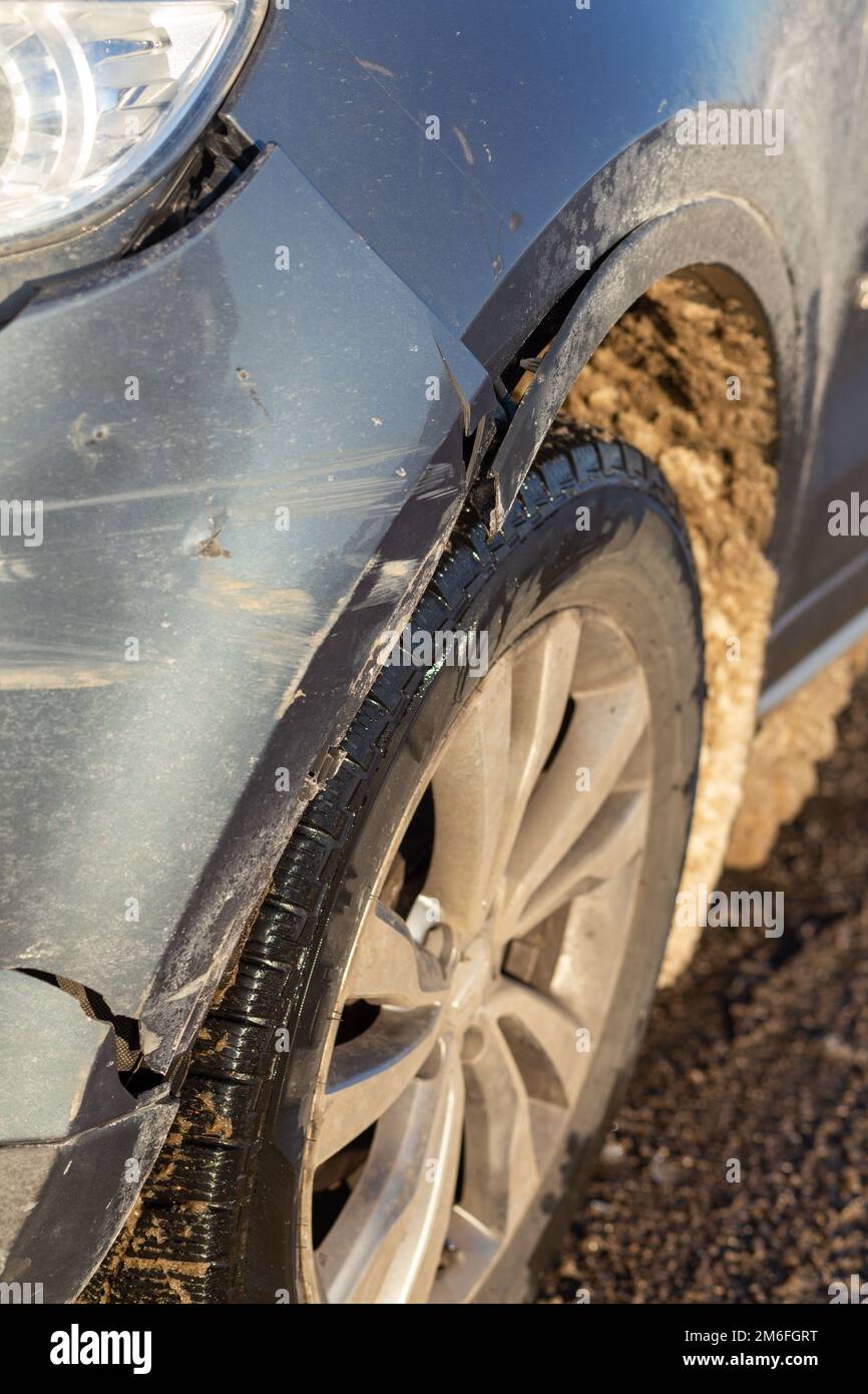 Front of gray crossover car get damaged by crash accident on the road ...