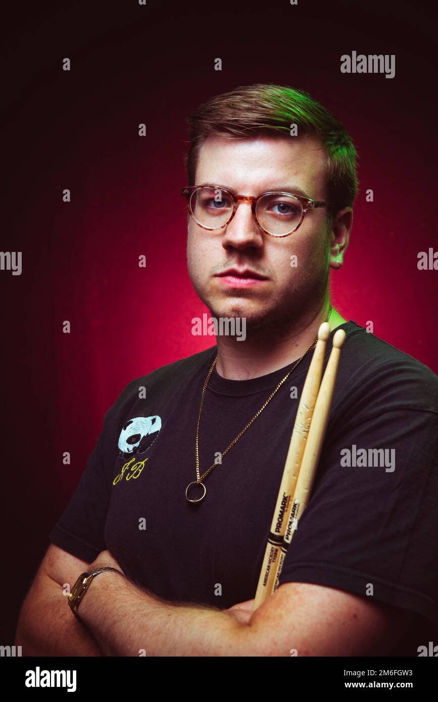 Idles drummer Jon Beavis photographed at Factory Studios, Bristol Stock ...