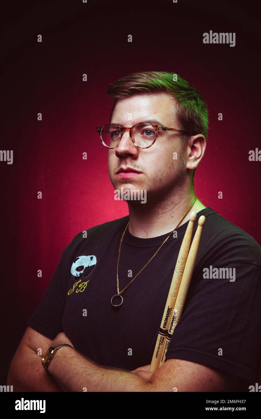 Idles drummer Jon Beavis photographed at Factory Studios, Bristol Stock ...