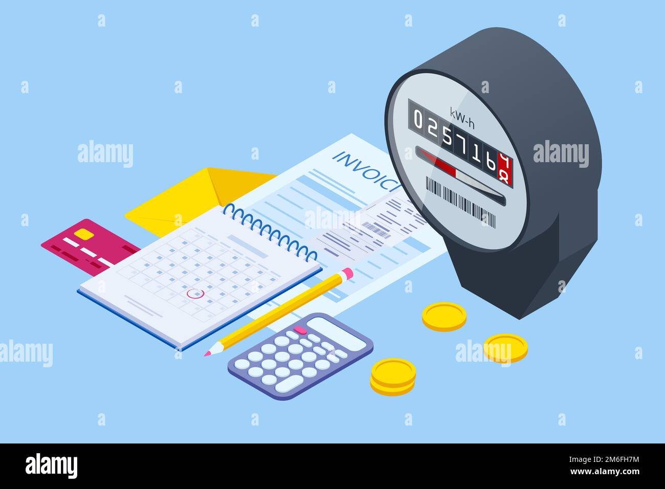 Isometric invoice and electricity meter. Utility bills payment ...