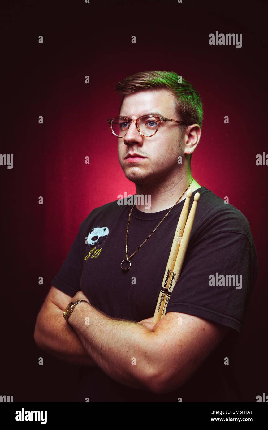 Idles drummer Jon Beavis photographed at Factory Studios, Bristol Stock ...