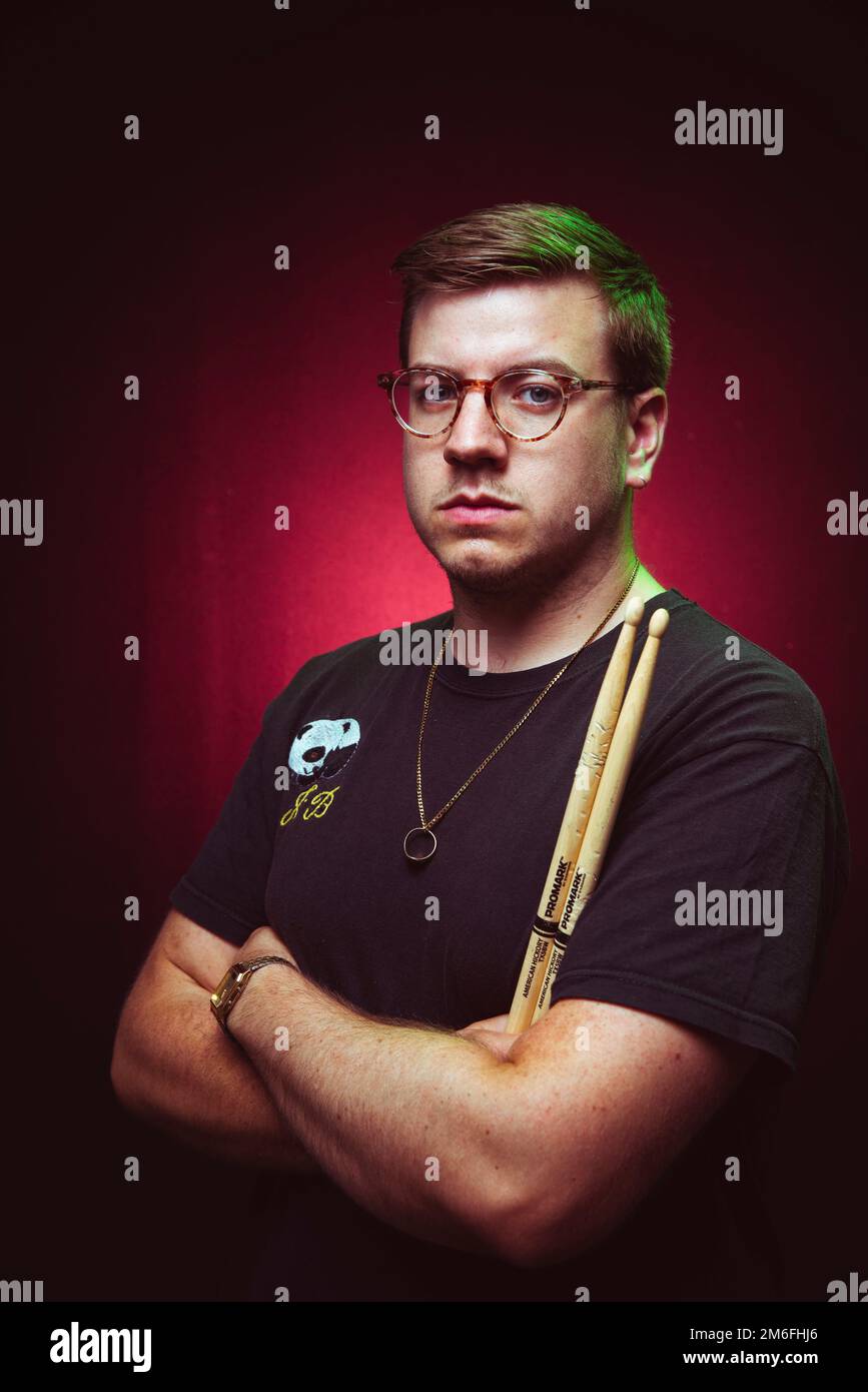 Idles drummer Jon Beavis photographed at Factory Studios, Bristol Stock ...