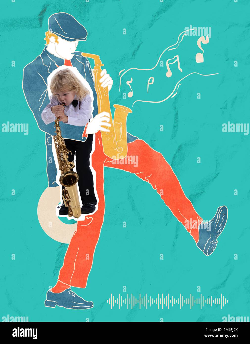 Musicians. Contemporary art collage with little boy, kid playing ...