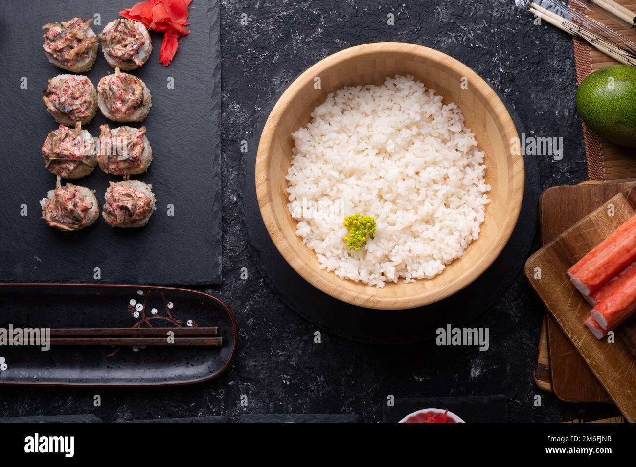 Sushi roll set with shiitake mushrooms with rice served at gblack dish ...