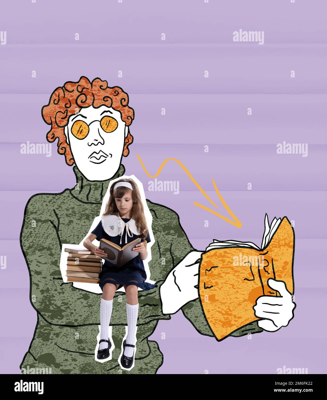 Conceptual art collage with little girl reading books over drawn ...