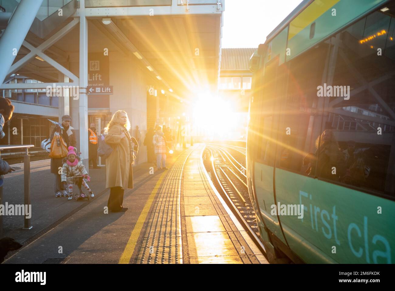 London-December 2022: Southern Train Clapham Junction Station platform ...