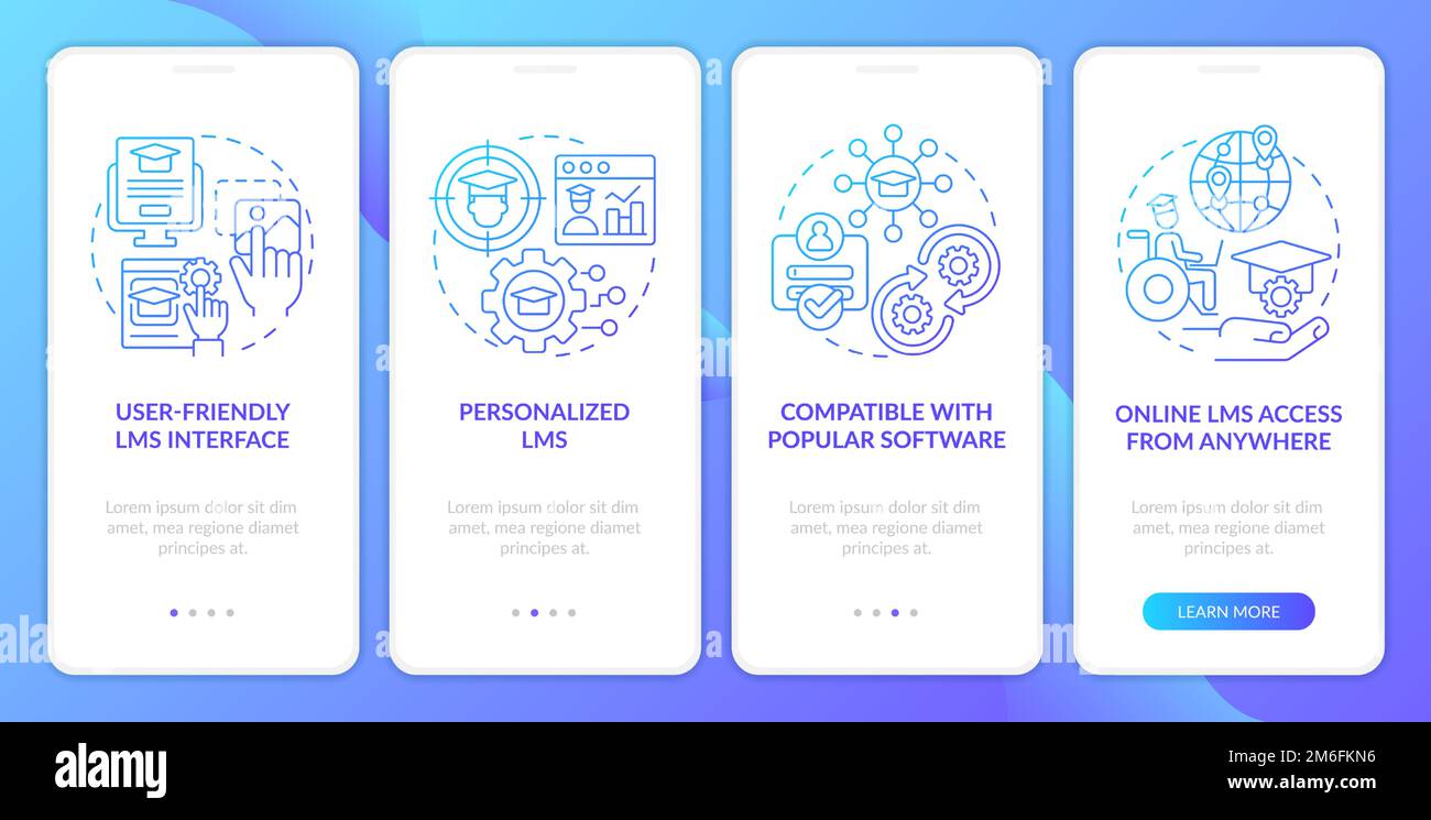 Learning Management System Features Blue Gradient Onboarding Mobile App