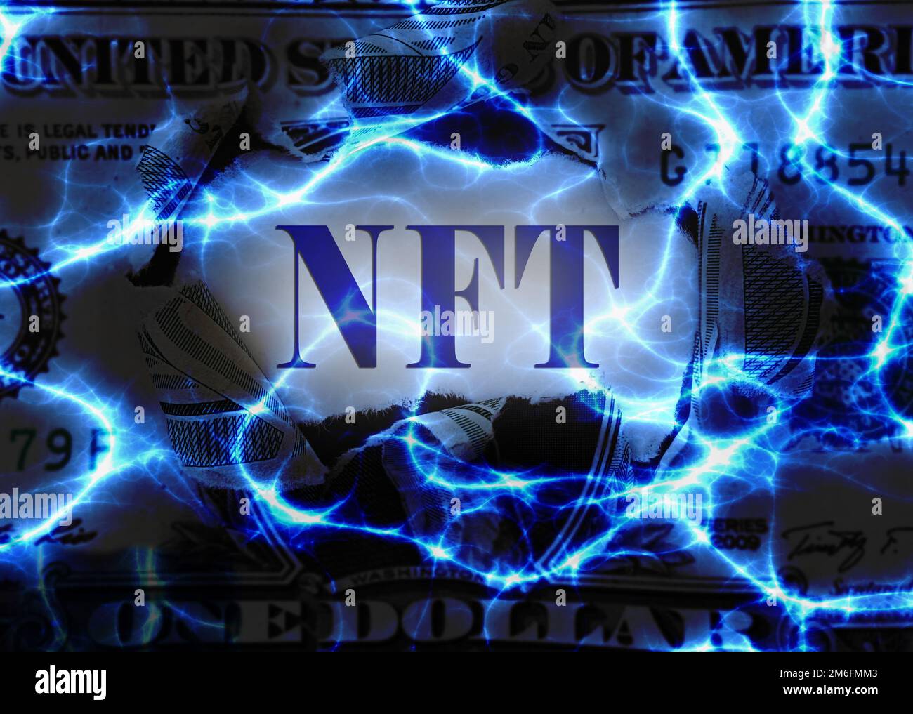 NFT -- Non Fungible Token -- text over a dollar bill and electric ...