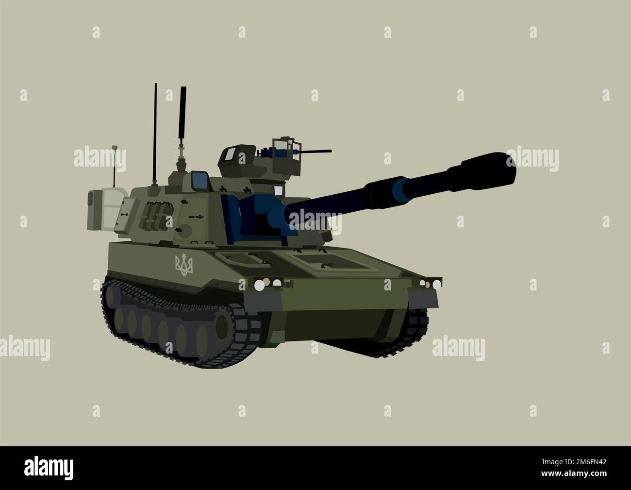 illustration of military vehicle with Ukrainian trident symbol isolated ...