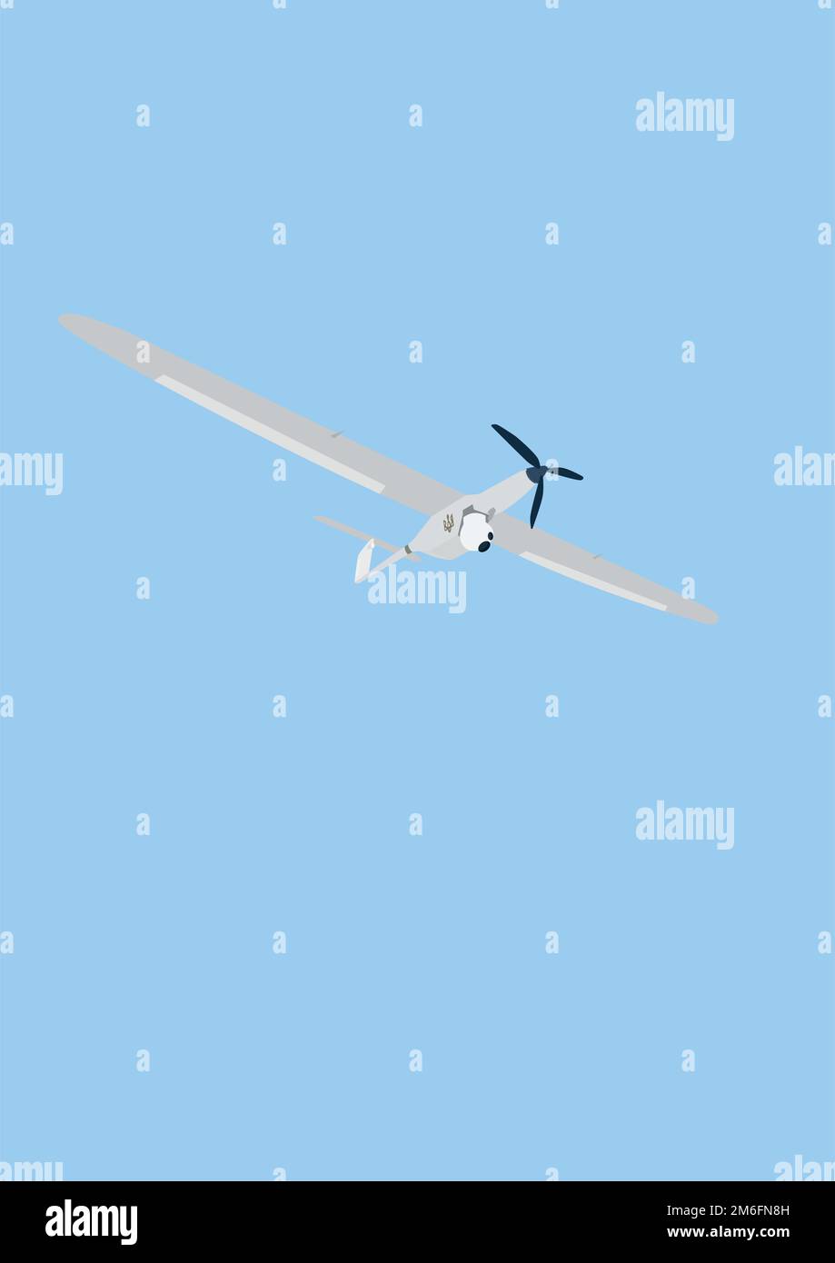 illustration of war drone with camera flying isolated on blue,stock ...