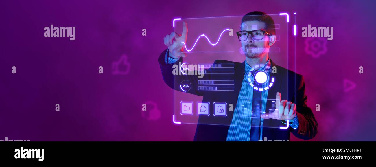 Mature businessman explore metaverse technology with blockchain network connecting. Modern ...