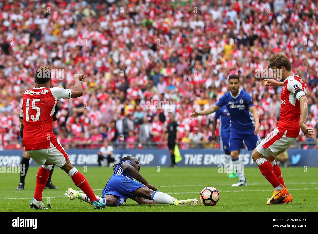 Victor Moses of Chelsea goes to ground in penalty area before Referee ...