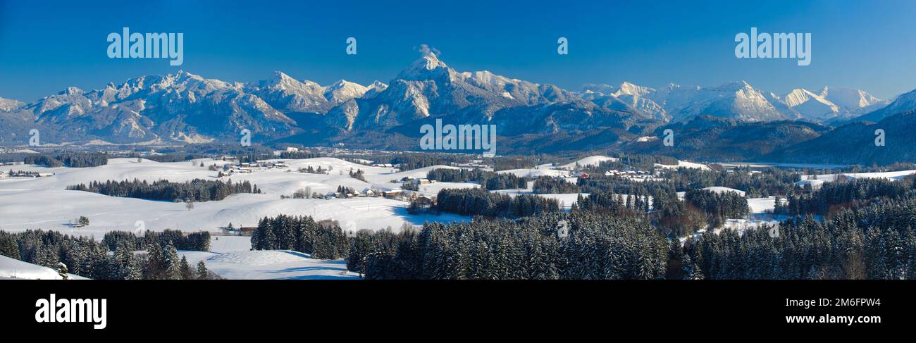 Panorama landscape at lake Forggensee in Bavaria in winter Stock Photo ...