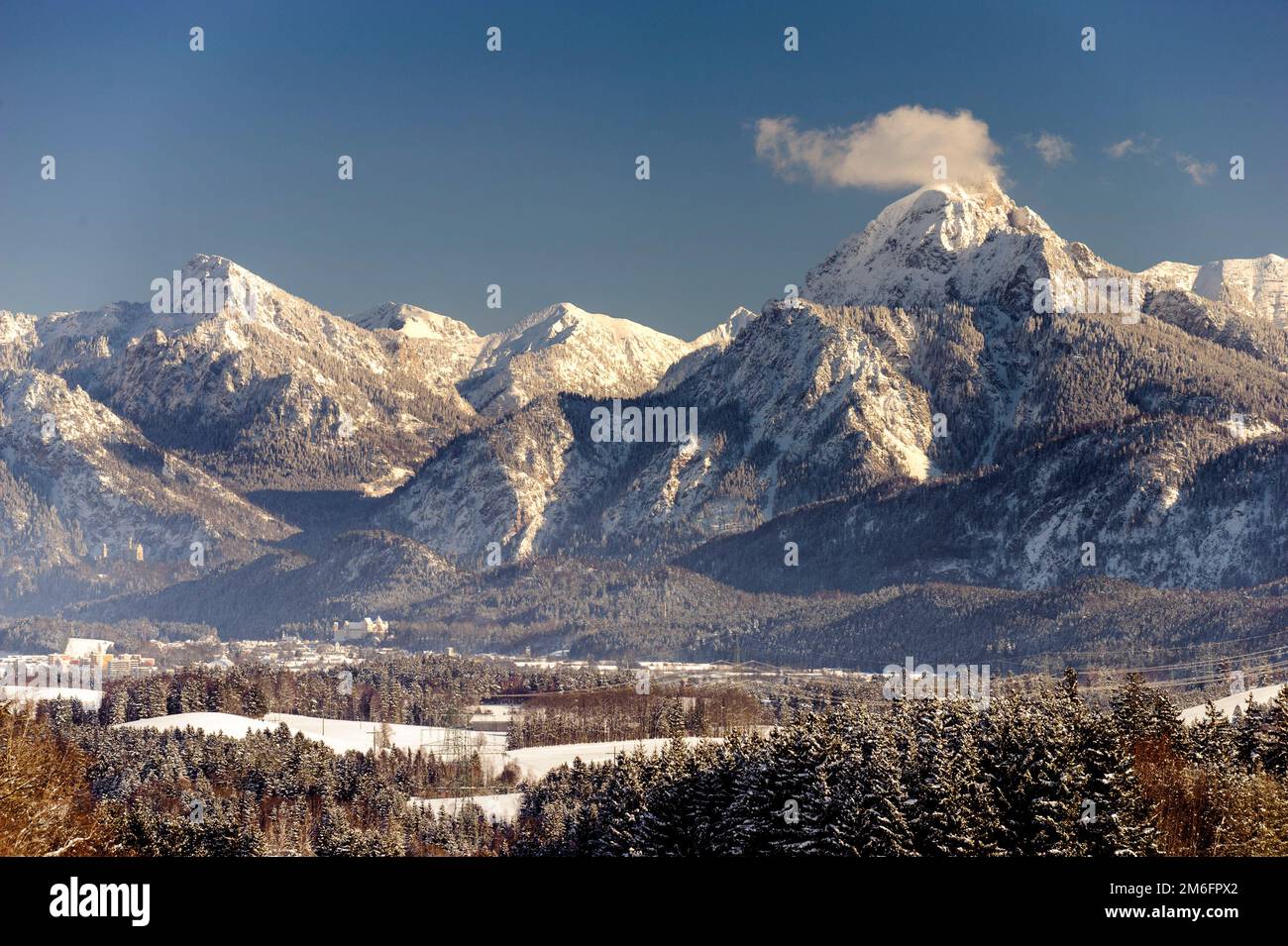 Panorama landscape at lake Forggensee in Bavaria in winter Stock Photo ...