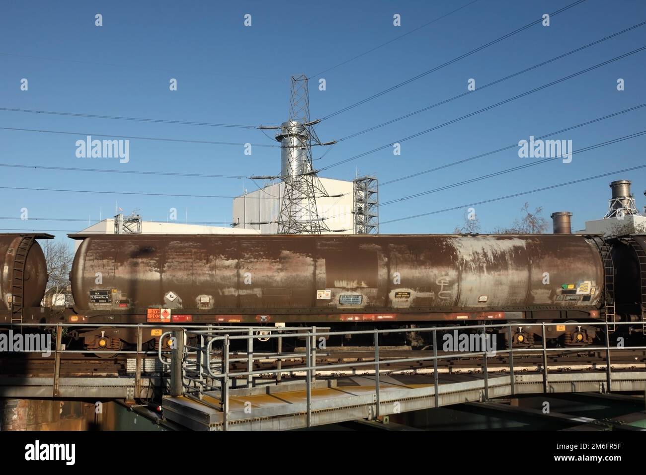 100-tonne TEA oil tank railway freight wagon passing Keadby power ...