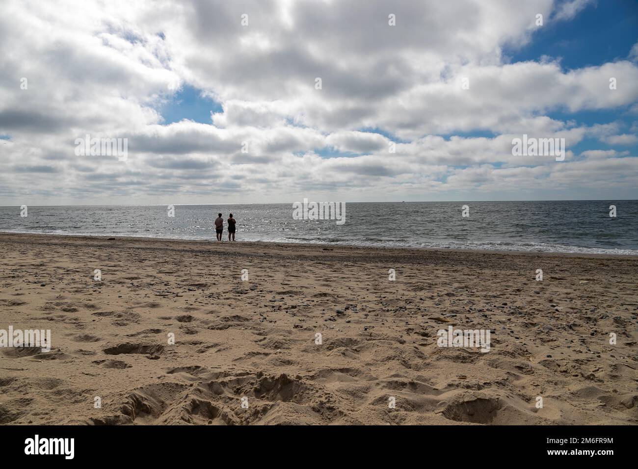two women from behind lonely on the beach in front of the sea with ...