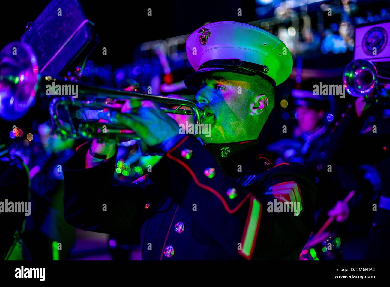 Cpl. Tyler Hatmaker with the Marine Forces Reserve (MFR) Band, perform at the Scope Arena for ...